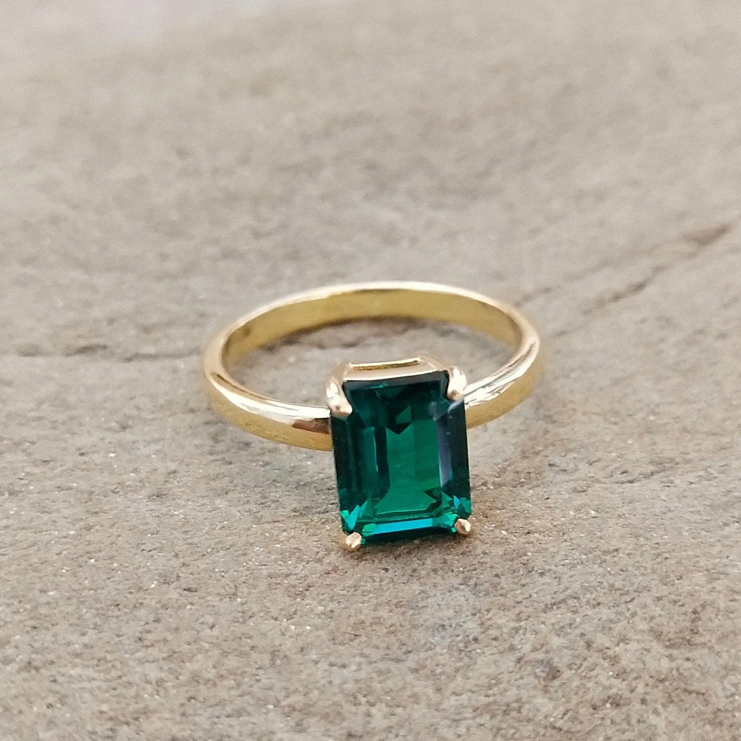 Lab Created Emerald Ring, Octagon Cut Lab Emerald Ring, 925 Sterling ...