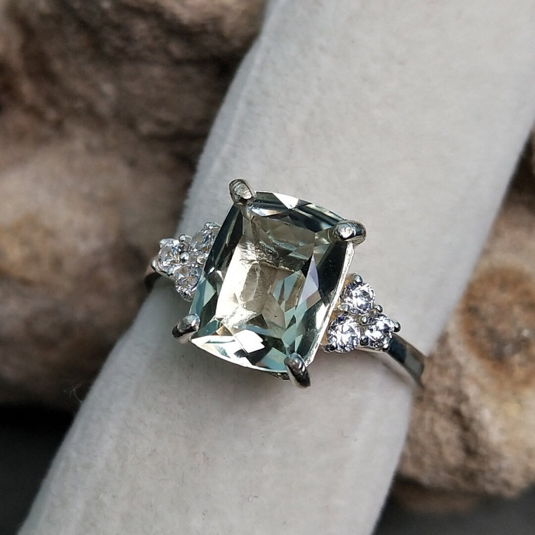 NATURAL Green Amethyst Ring, 925 Sterling Silver Ring, Cushion Cut ...