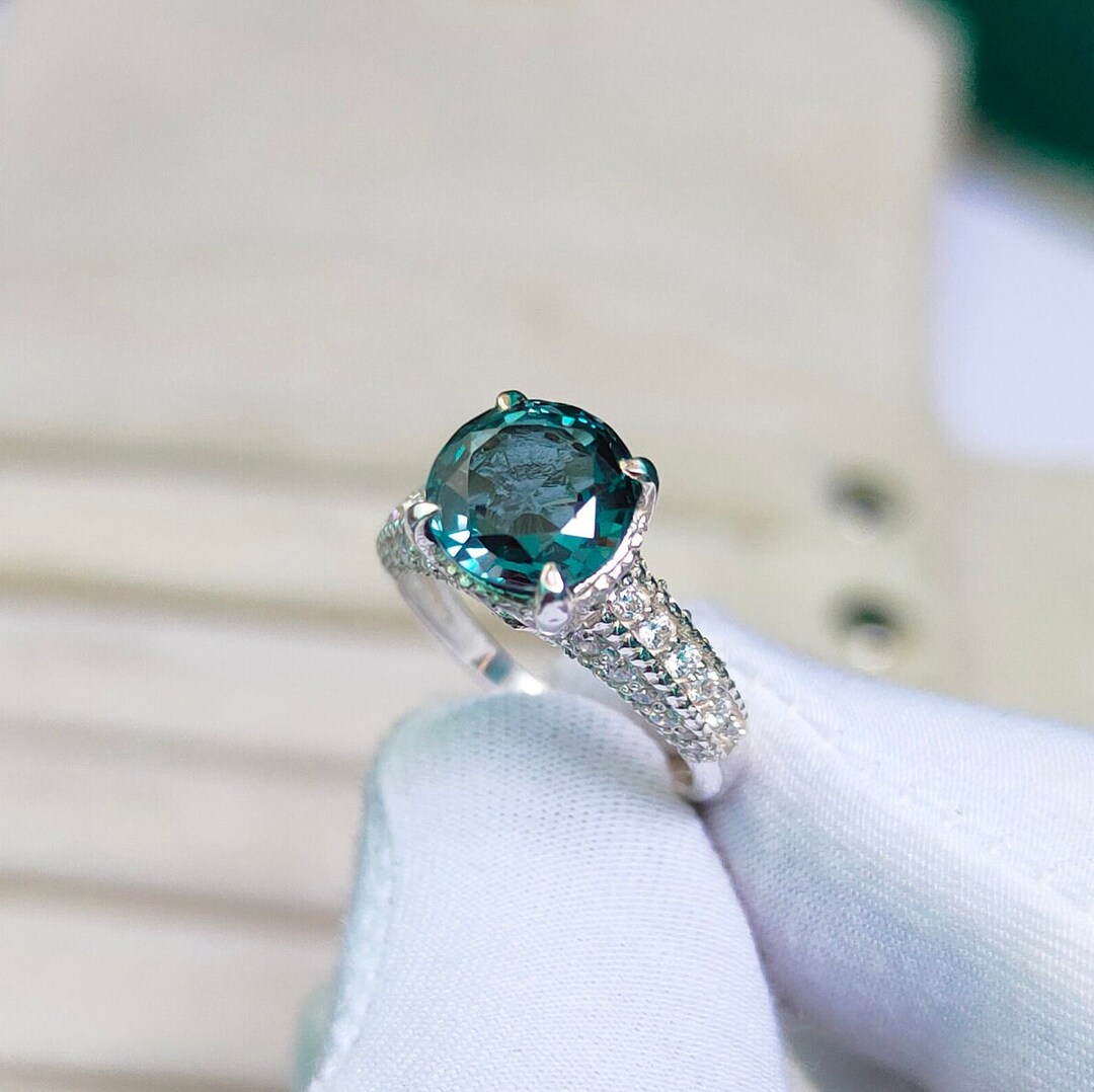 Teal Sapphire Ring, Round Cut Teal Sapphire Ring, 925 Sterling Silver ...