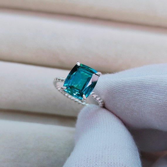 Teal Sapphire Ring Cushion Cut Teal Sapphire Ring 925 | Etsy