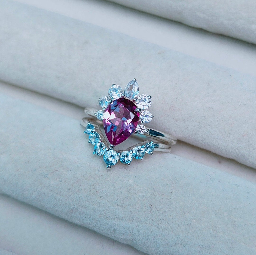 Alexandrite Ring Lab Created Alexandrite Ring With Aquamarine Band 925 ...