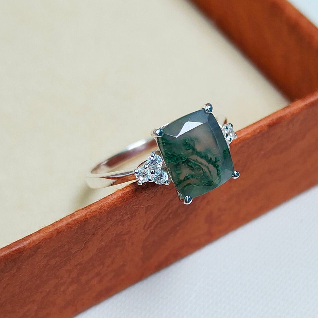 Natural Moss Agate Ring, Cushion Cut Moss Agate Ring, Moss Agate 925 ...
