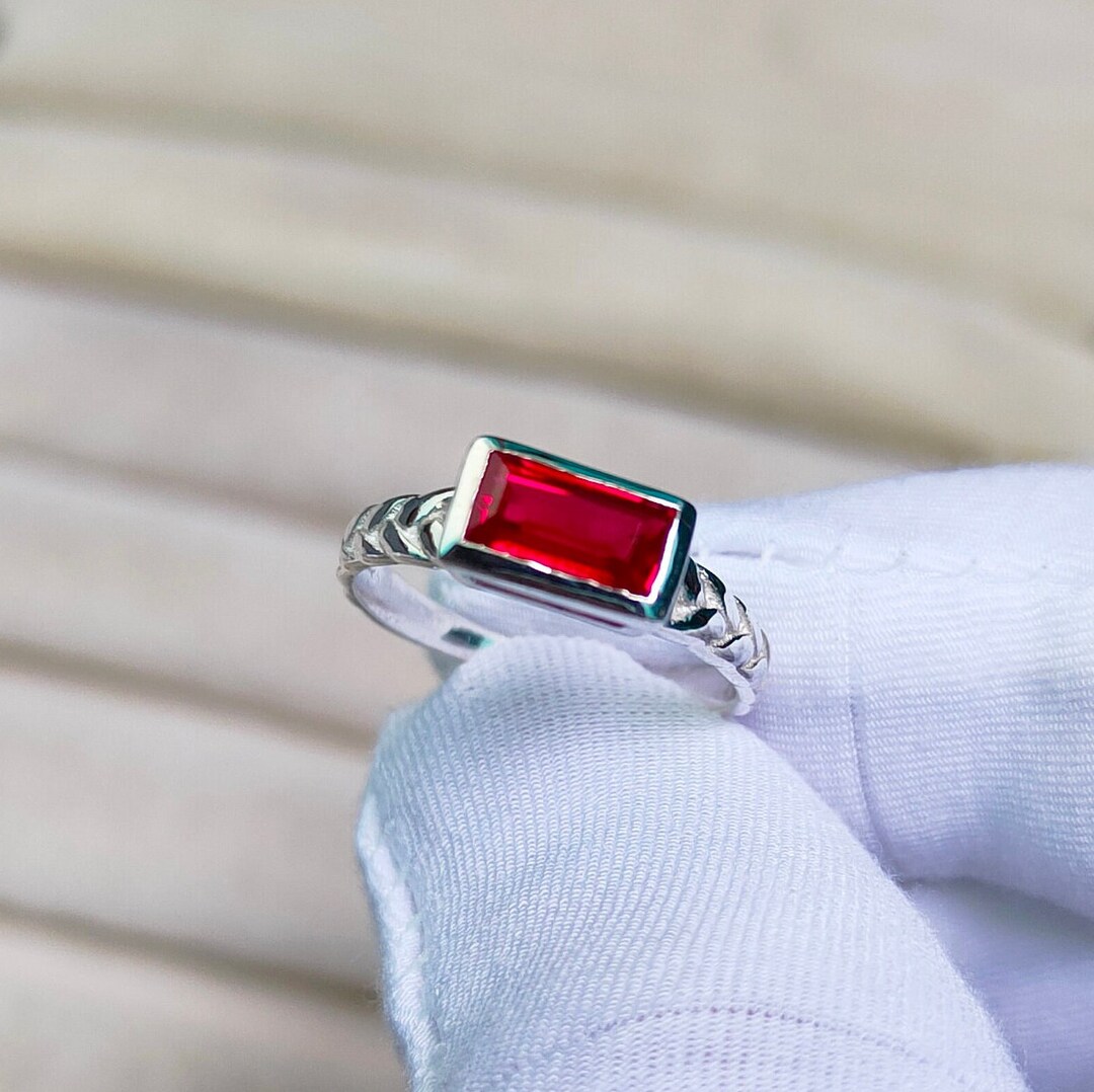 Pigeon Blood Ruby Ring, Baguette Pigeon Blood Ruby Ring, 925 Sterling ...