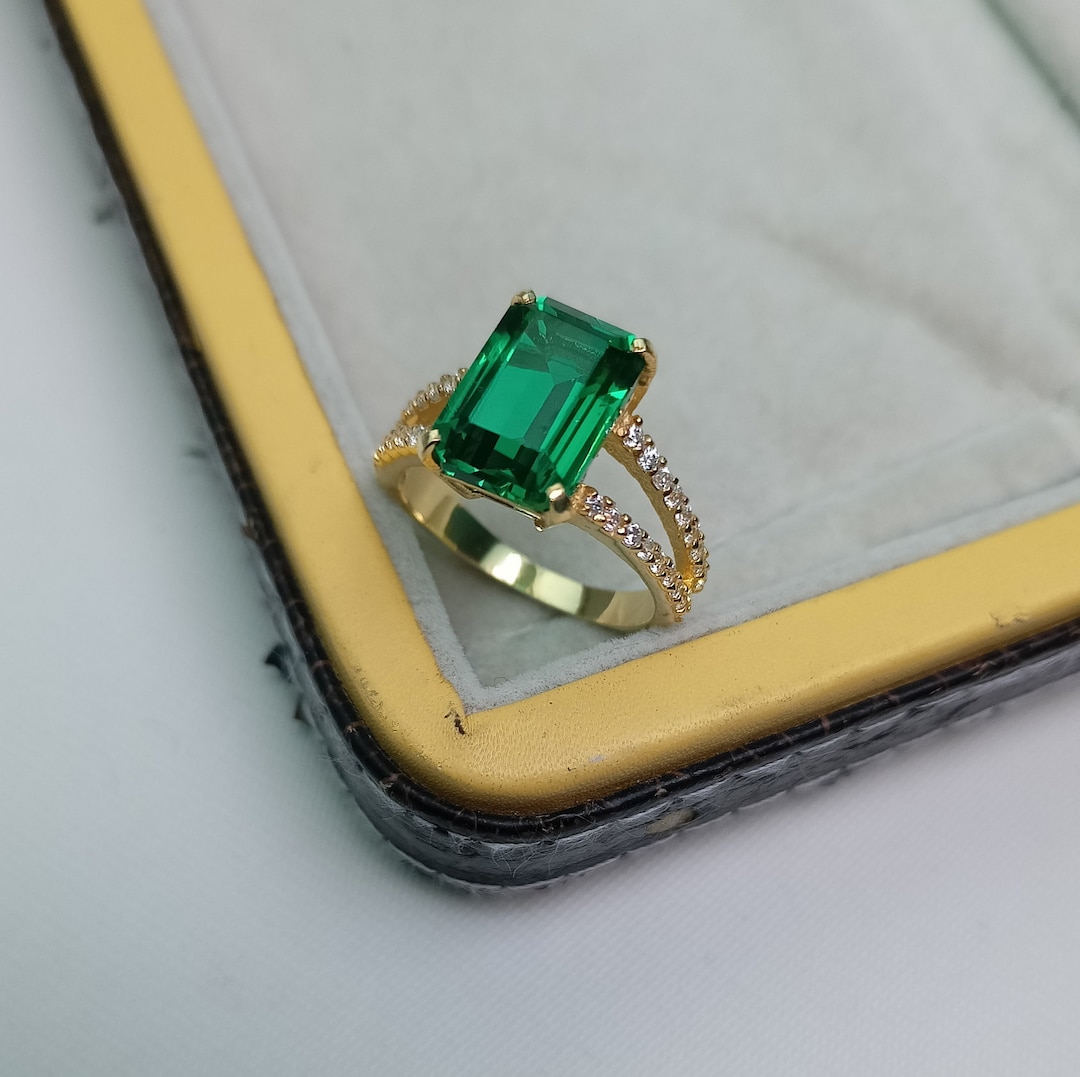 Lab Created Emerald Ring, Octagon Cut Lab Emerald Ring, 925 Sterling ...