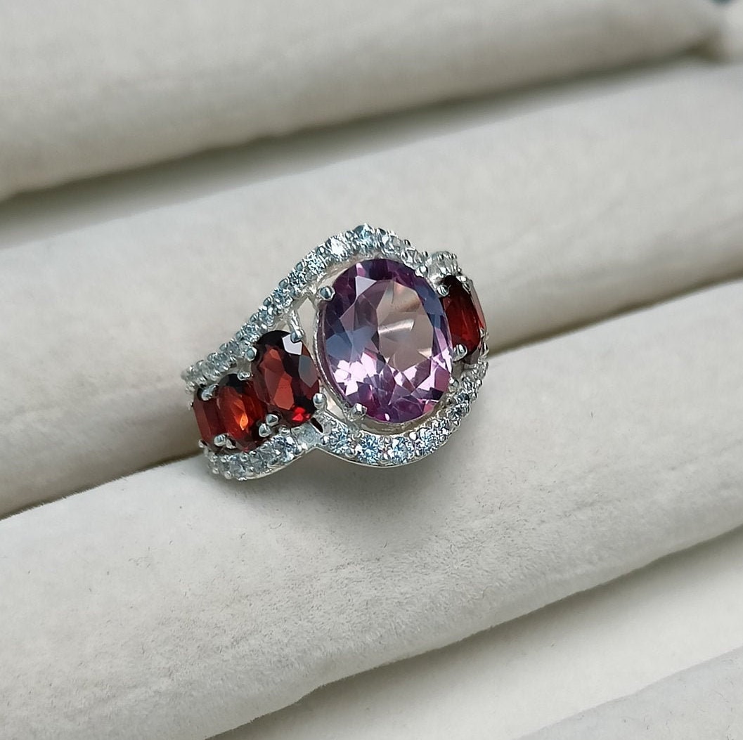 Lab Created Alexandrite Ring Natural Red Garnet Ring 925 | Etsy