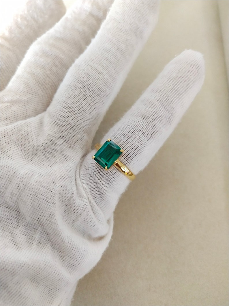 Lab Created Emerald Ring, Octagon Cut Lab Emerald Ring, 925 Sterling ...
