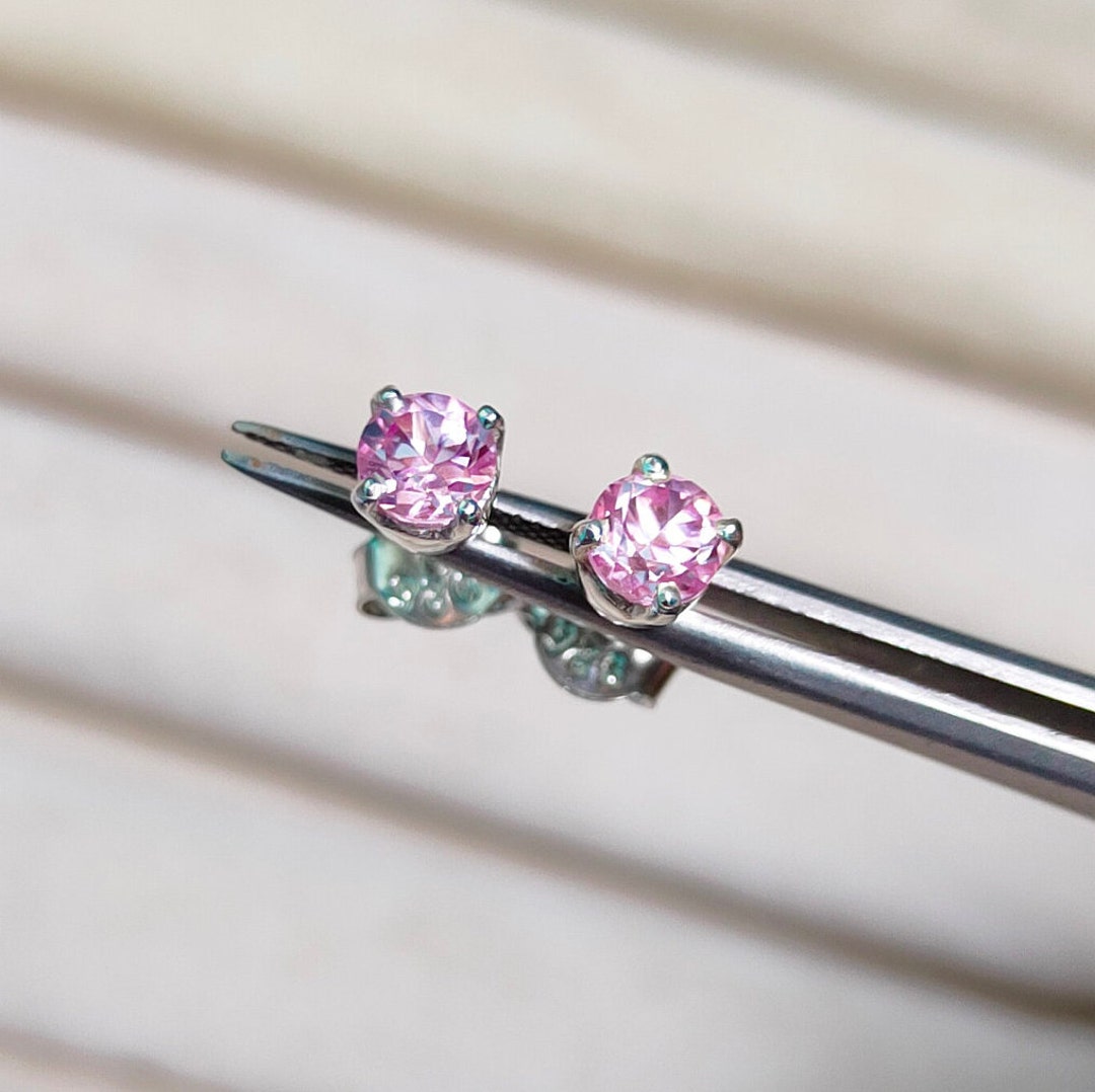 Pink Diamond Stud Earrings, 925 Sterling Silver Earrings, Round Cut ...