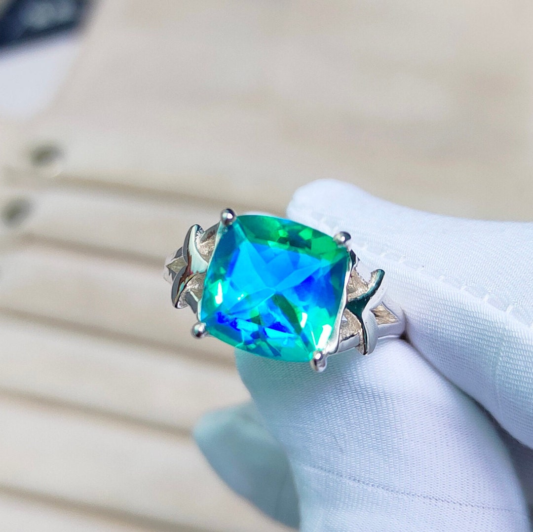 Peacock Quartz Ring, Cushion Cut Peacock Quartz Ring, 925 Sterling ...
