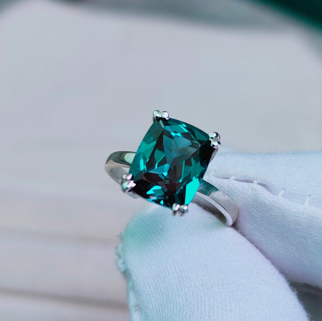 Teal Sapphire Ring, Cushion Cut Teal Sapphire Ring, 925 Sterling Silver ...