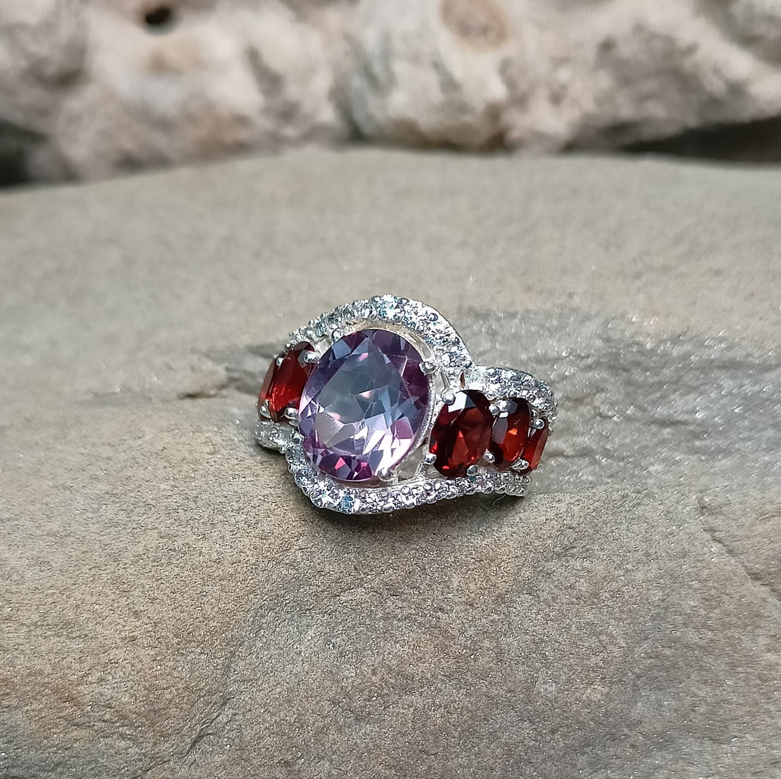 Lab Created Alexandrite Ring Natural Red Garnet Ring 925 - Etsy