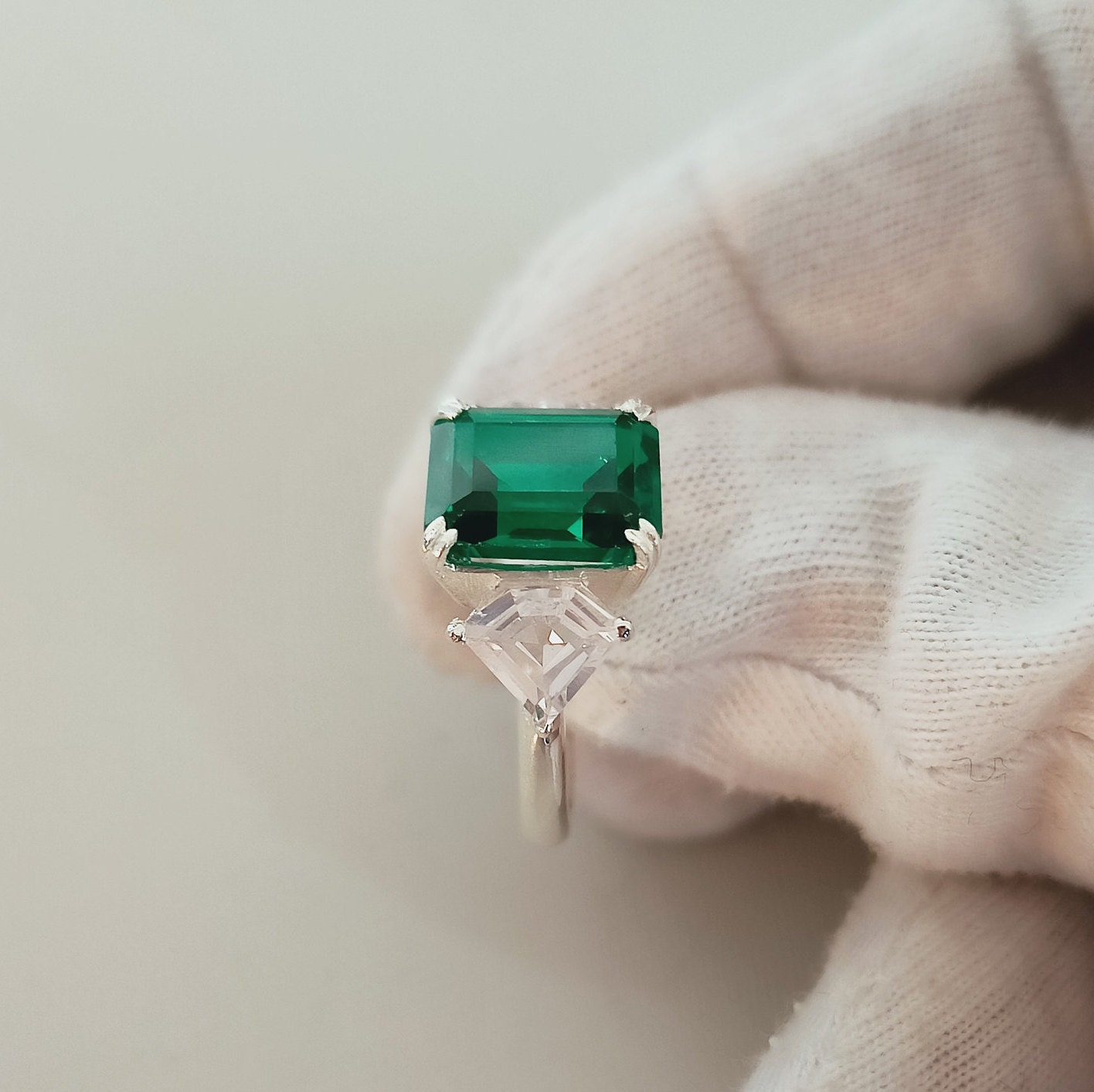 Lab Created Emerald Ring Diamond Shape White Zircon Ring 925 - Etsy UK
