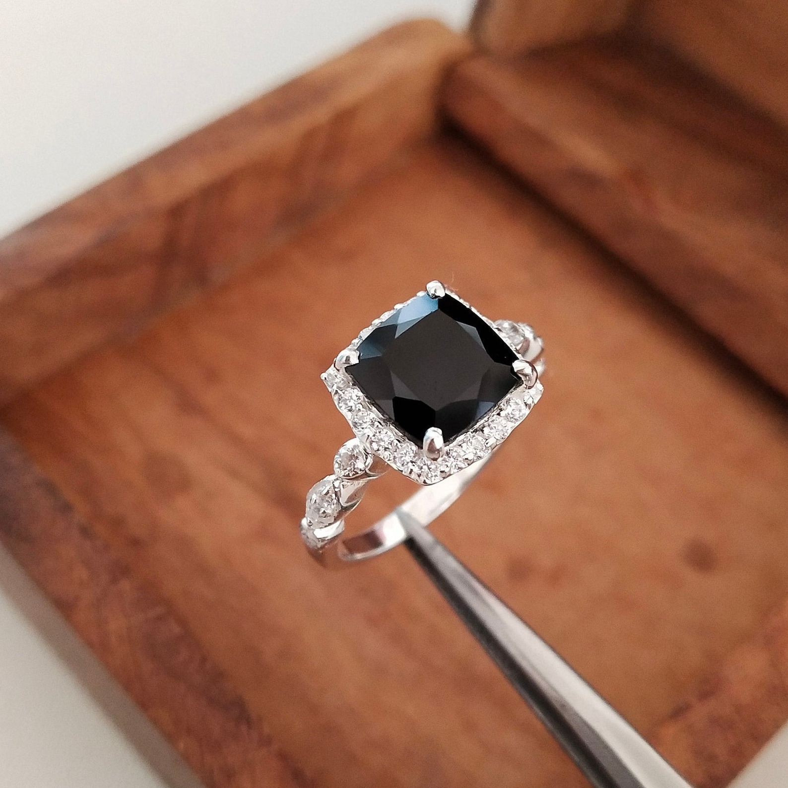 Black Spinel Ring Cushion Cut Wedding Engagement Ring Sterling - Etsy