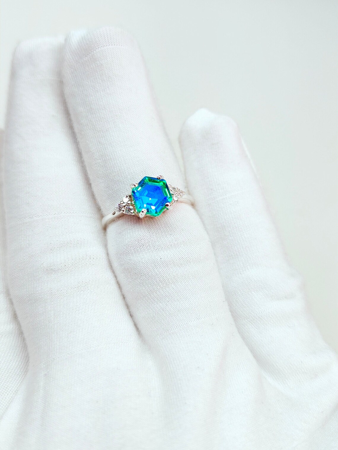 Peacock Quartz Ring, Hexogen Cut Peacock Quartz Ring, 925 Sterling ...