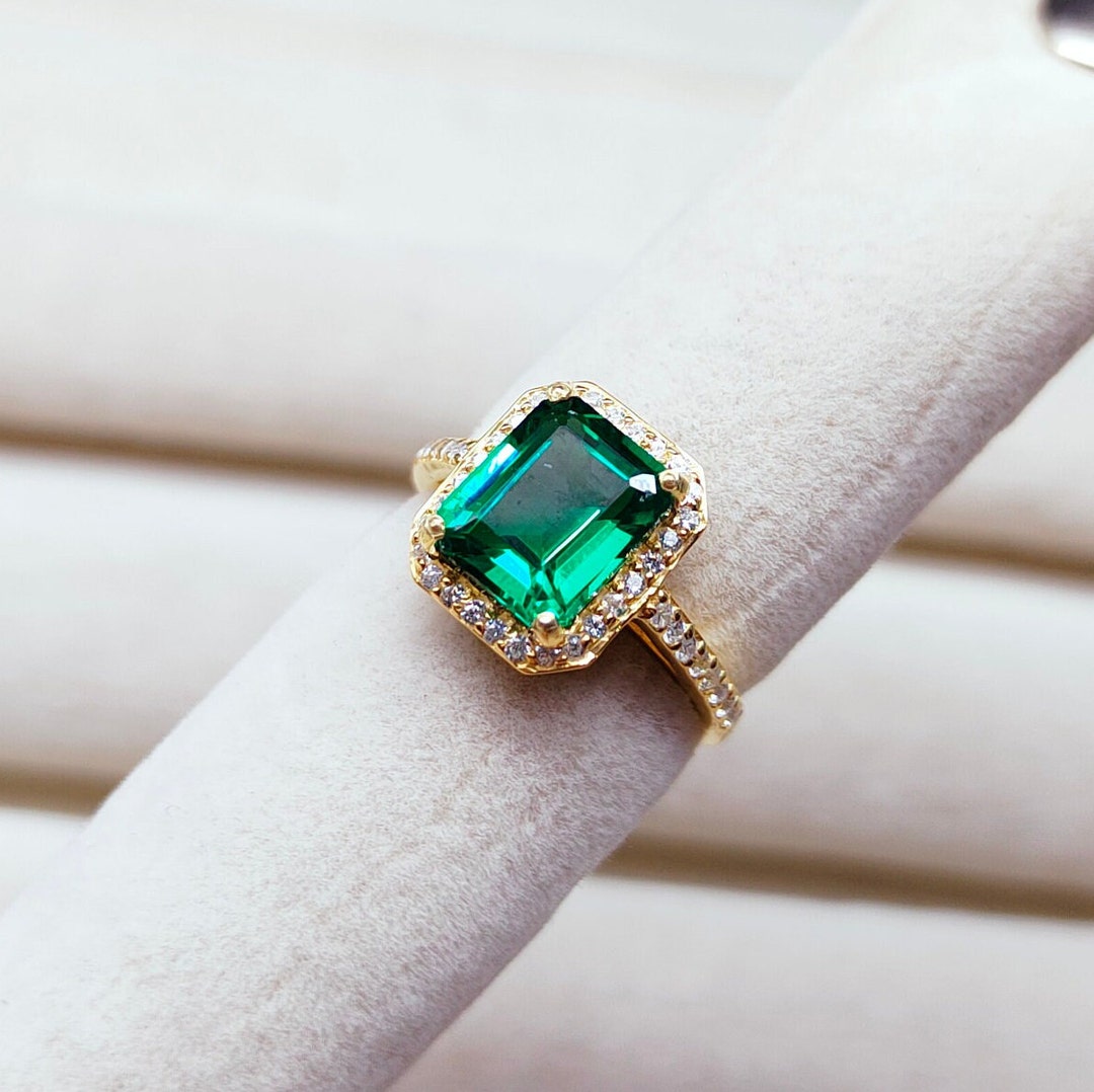 Lab Created Emerald Ring, Octagon Cut Lab Emerald Ring, 925 Sterling ...
