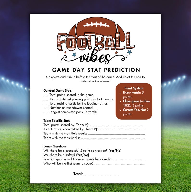 Superbowl Party Game Stat Prediction | Fun Printable Football Activity ...