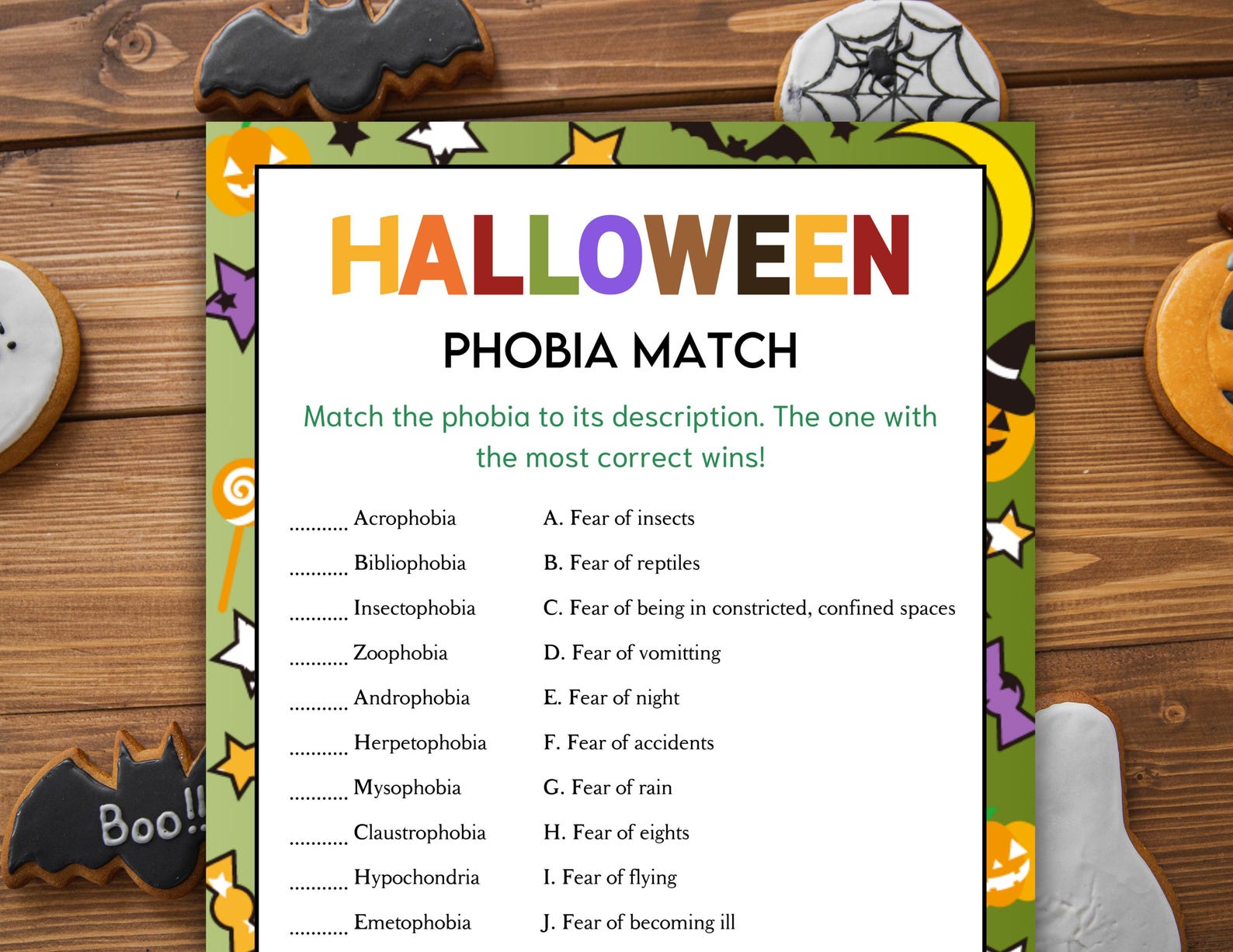 Halloween Printable Phobia Match Game: Spooky Party Icebreaker (PDF ...