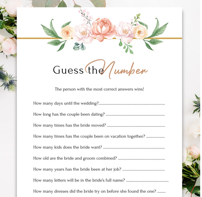 Printable Guess the Number Game for Bridal Showers, Bachelorette ...