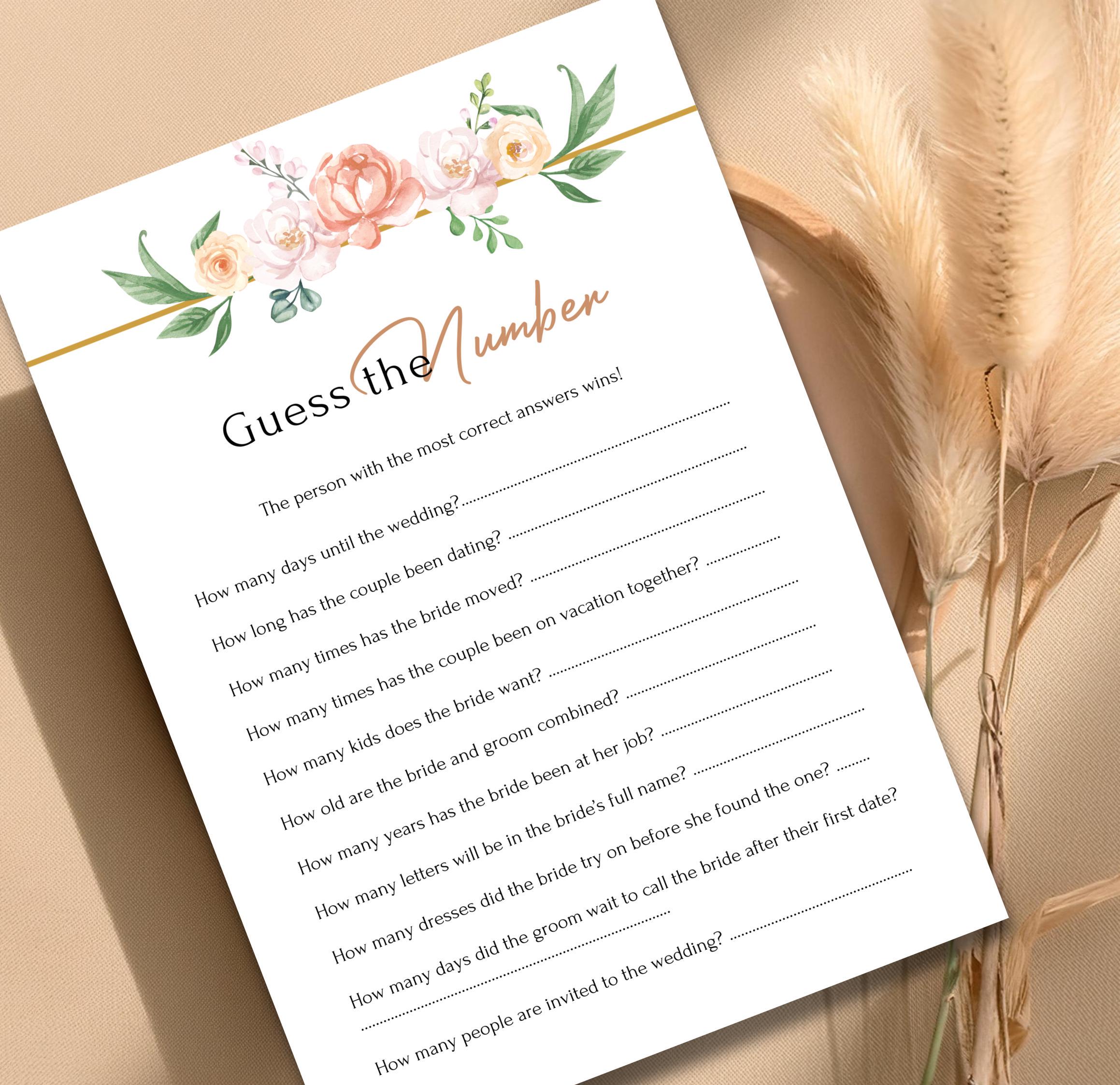 Printable Guess the Number Game for Bridal Showers, Bachelorette ...