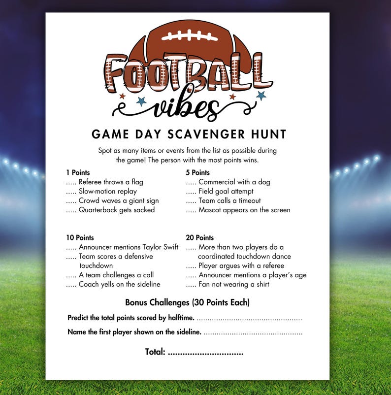 Football Game Day Scavenger Hunt: Fun Printable Activity (PDF Download ...