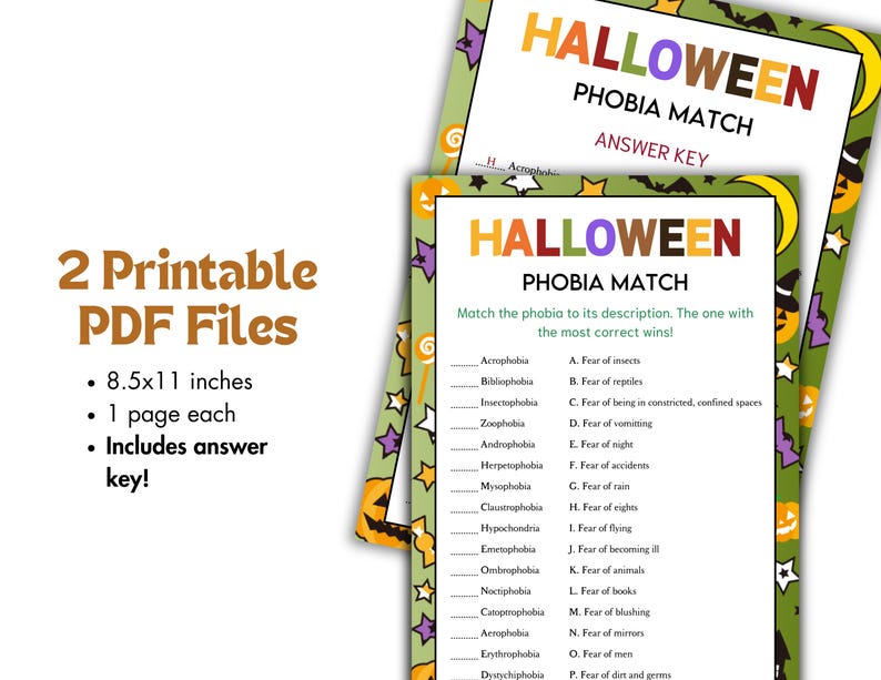 Halloween Printable Phobia Match Game: Spooky Party Icebreaker (PDF ...