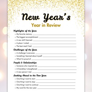 New Year's Eve Reflection Printable: Memorable Year in Review Worksheet ...