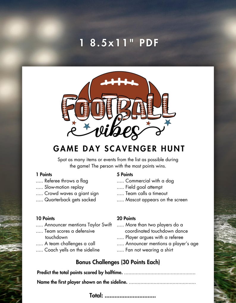 Football Game Day Scavenger Hunt: Fun Printable Activity (PDF Download ...