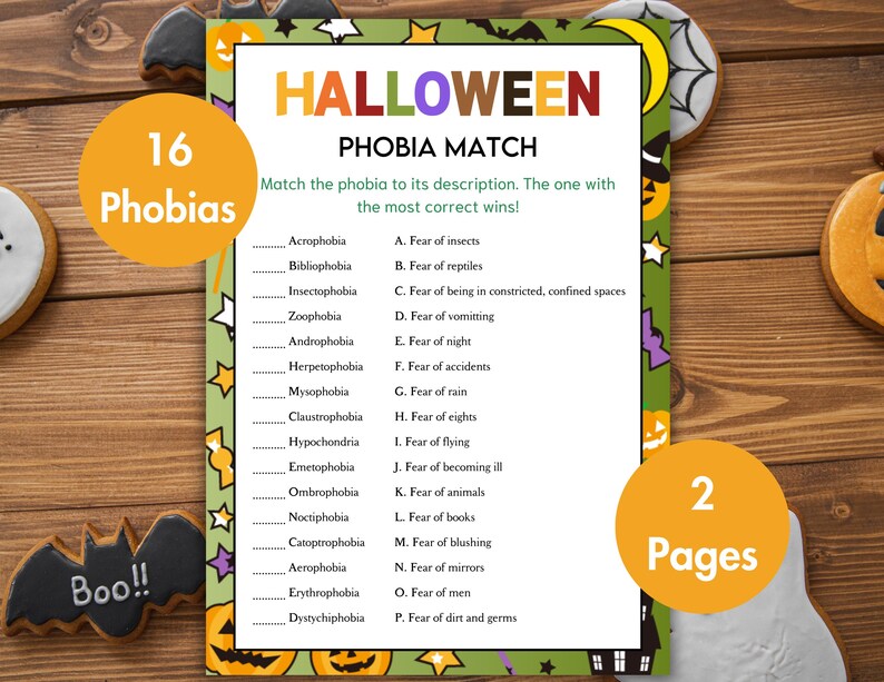 Halloween Printable Phobia Match Game: Spooky Party Icebreaker (PDF ...