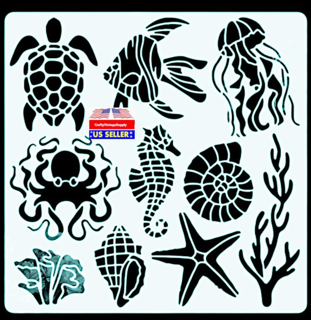 10 Designs on One Marine Ocean Life Sea Stencil 12