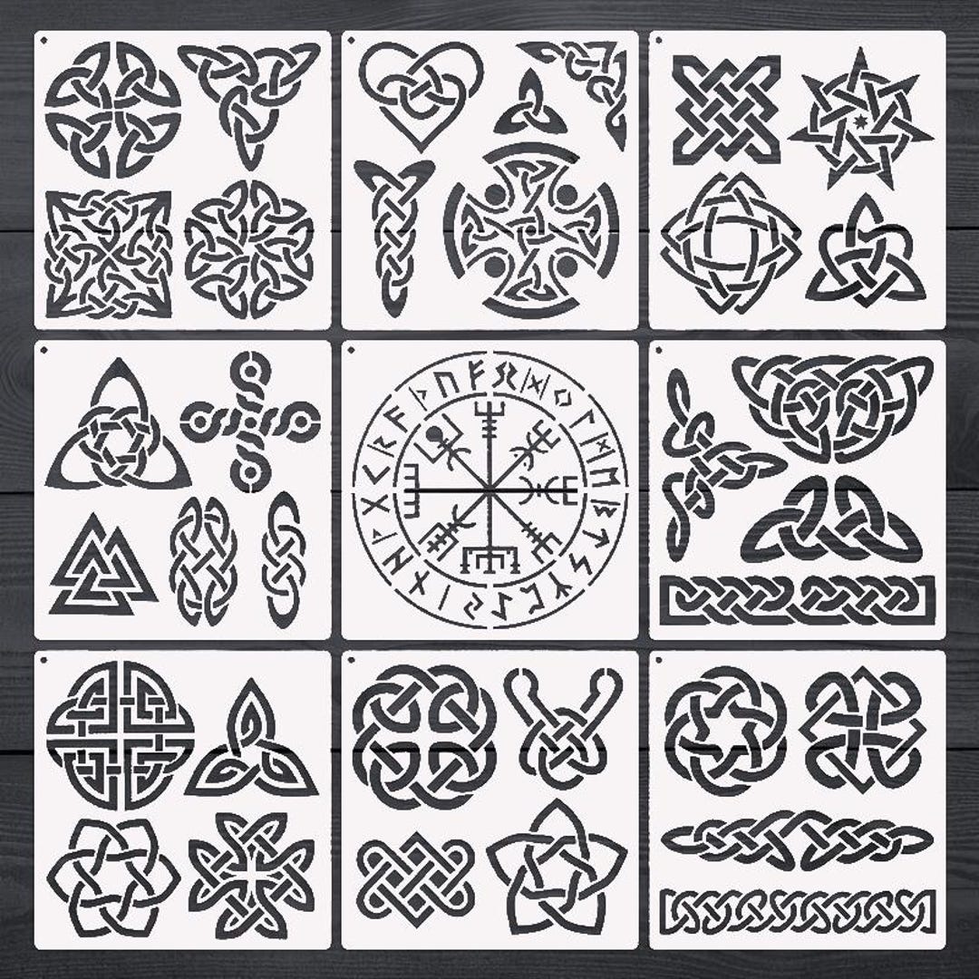 9pcs Celtic Time 8" X 8" Knot Tribal Design Rune Stencil for Cakes Diy ...