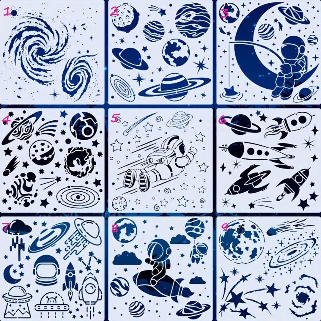 Planets Outer Space Rocket Ships Astronauts Satellite Moon Stencil 8" X ...