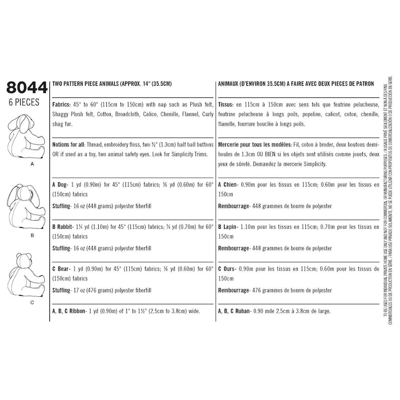 Simplicity Pattern 8044 FREE SHIP Plush Teddy Bear, Rabbit Dog Toys Os US One Size - Etsy