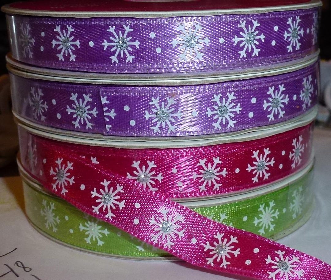 Purple Pink Green Winter Snowflakes Ribbon Glitter Center 12 Yards 3/8 ...