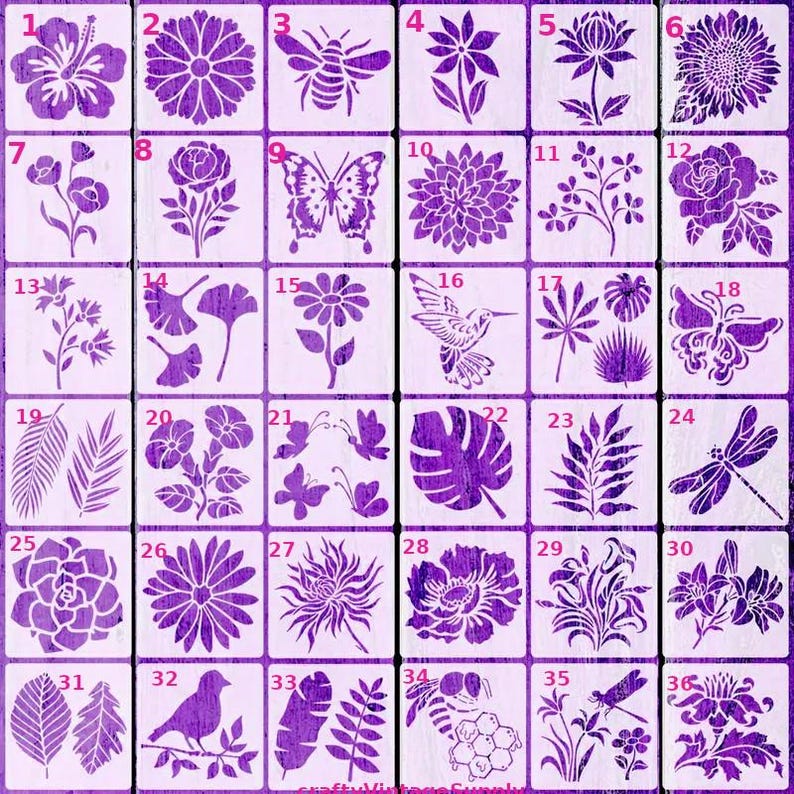 Flora Fauna Leaf Bird Flowers Stencil for Tile and Crafts 4.5" X 4.5 ...
