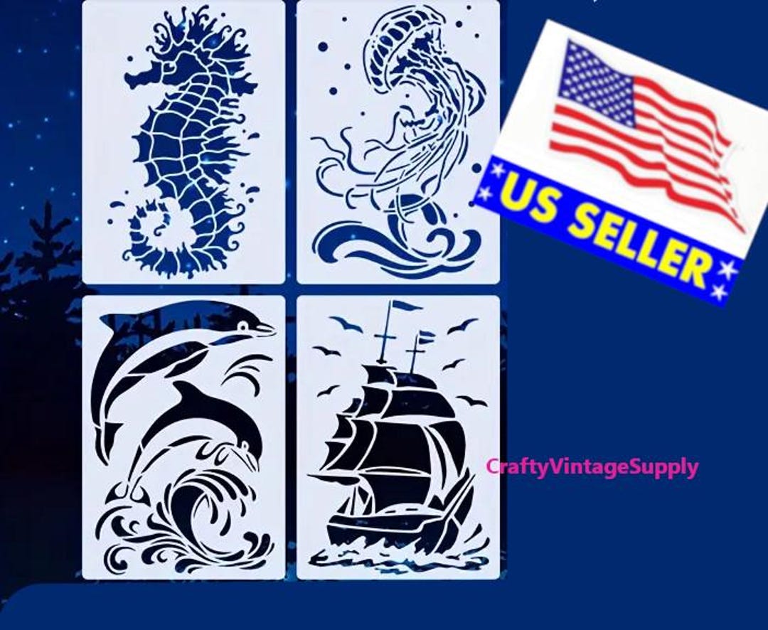Seahorse Octopus Dolphins Spanish Galleon Ship Stencil for Tile and ...
