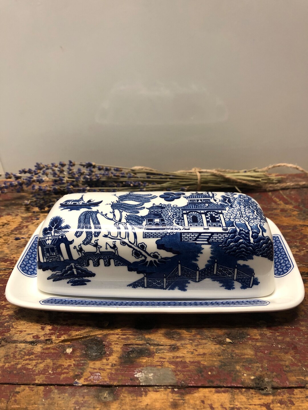 Churchill Blue Willow Covered Butter Dish Made in England With Lid Tray ...