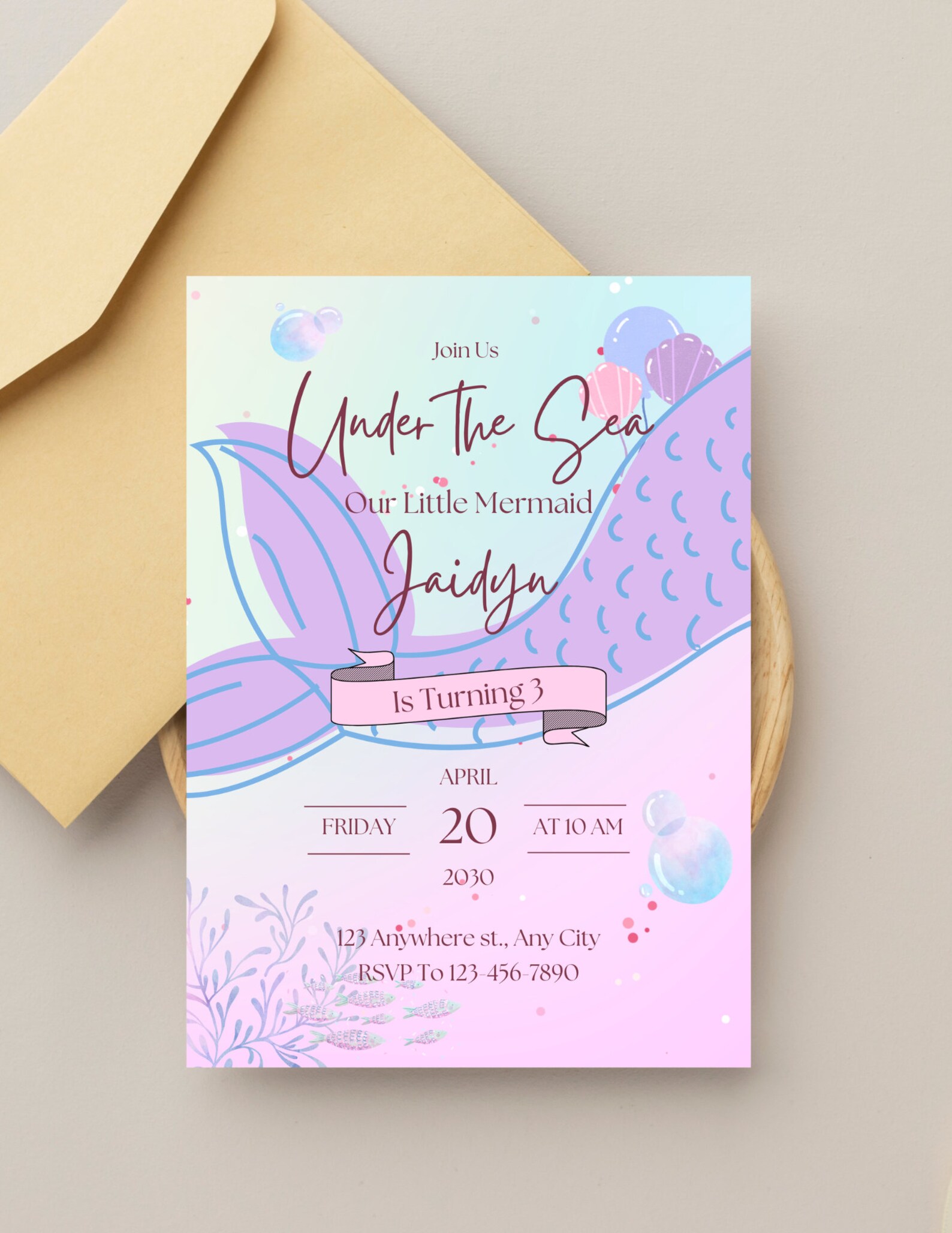 Editable Mermaid Birthday Invitation Template - Under the Sea Party ...