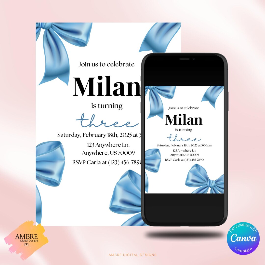 Blue Bow Coquette Birthday Invitation - Editable Template for Girls ...