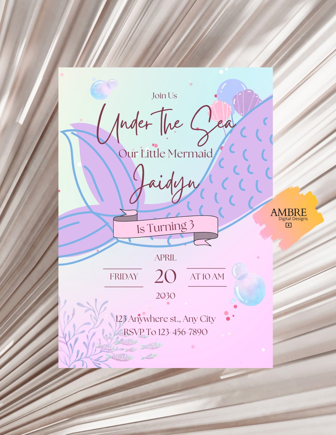 Editable Mermaid Birthday Invitation Template - Under the Sea Party ...