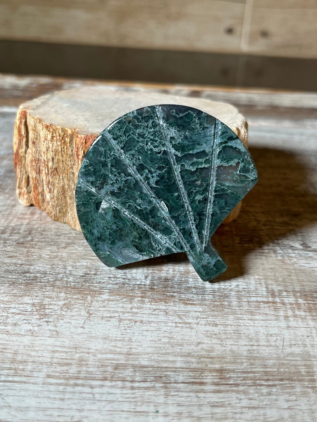 Moss Agate Leaf, Fan, Moss, Green, White, Polished, Carved, Agate ...