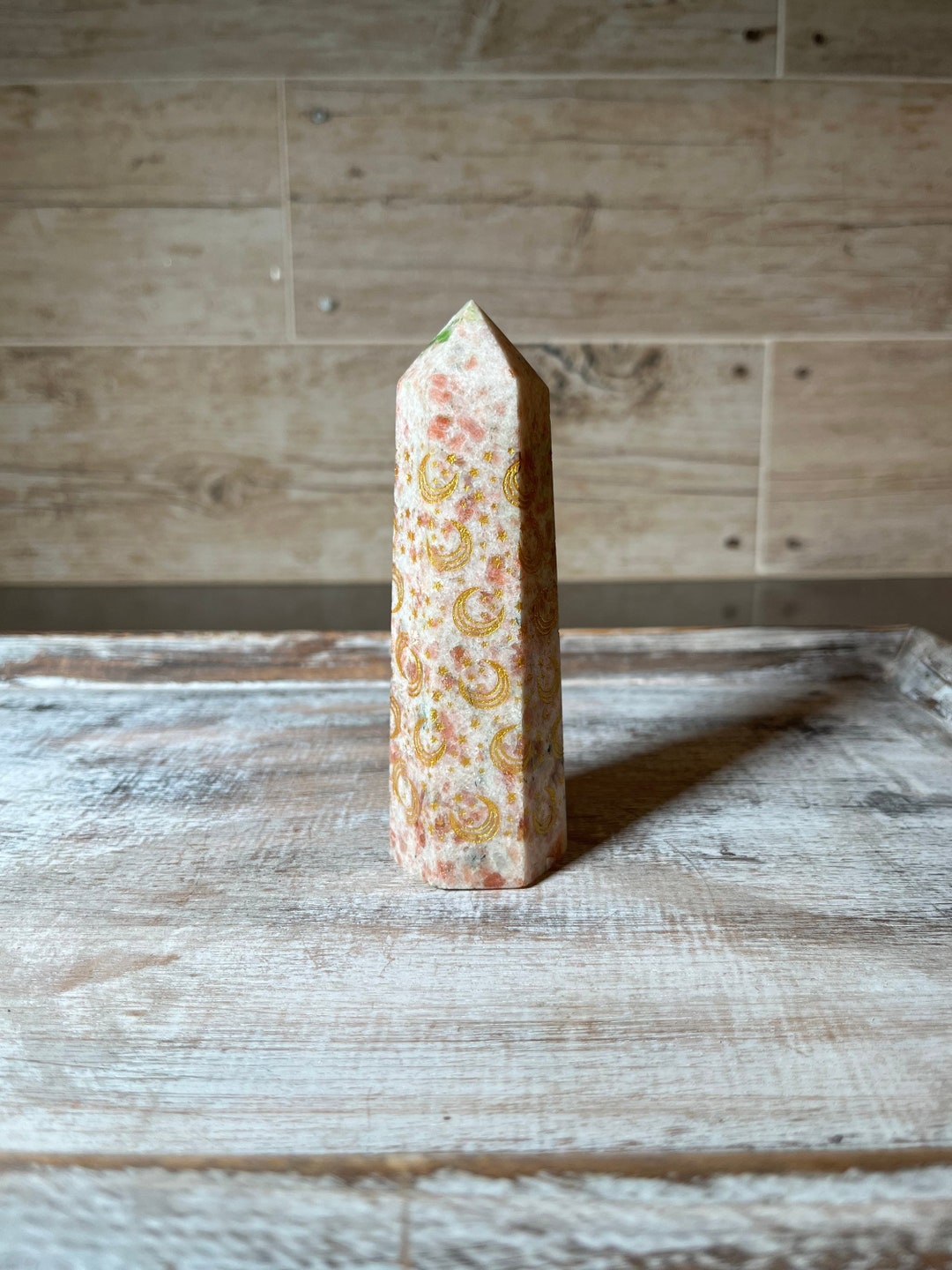 Moon and Star Sunstone Tower, Sunstone, Metaphysical, Polished, Carved, White, Orange, Tower ...