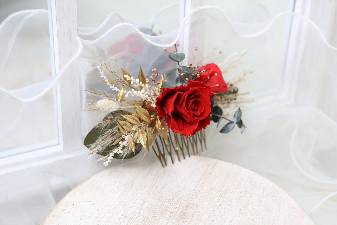 Preserved Red Rose and Gold Fillers With Greens Wedding Hair Combs ...