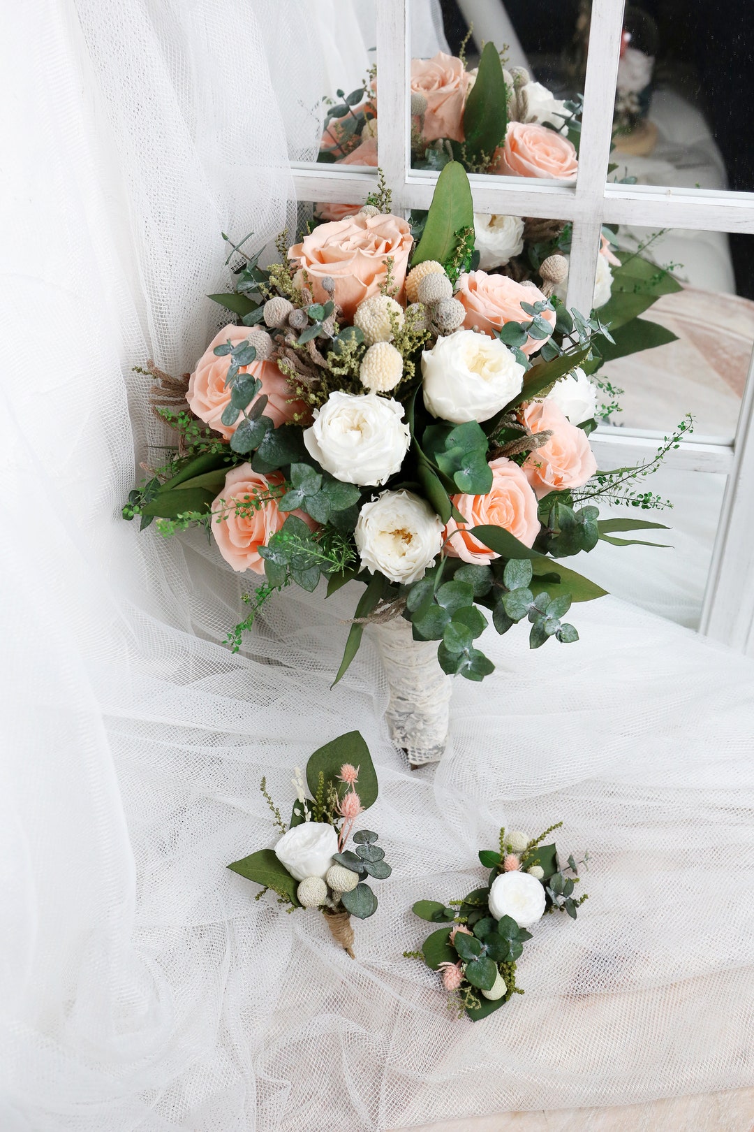 Preserved Real Fresh Flowers Set - Bridal Bouquet, Boutonniere, Hair ...