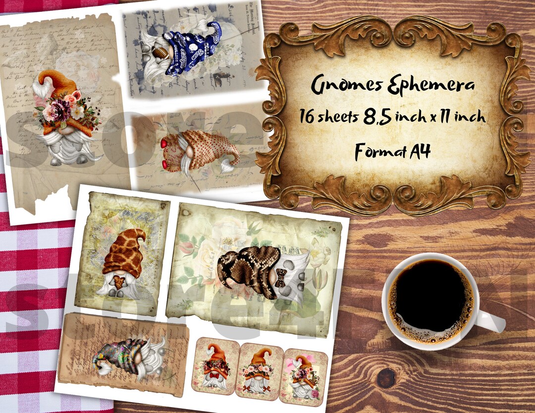Gnomes Digital Collage, Junk Journal Kit, Gnome, Collage Sheet, Digital ...