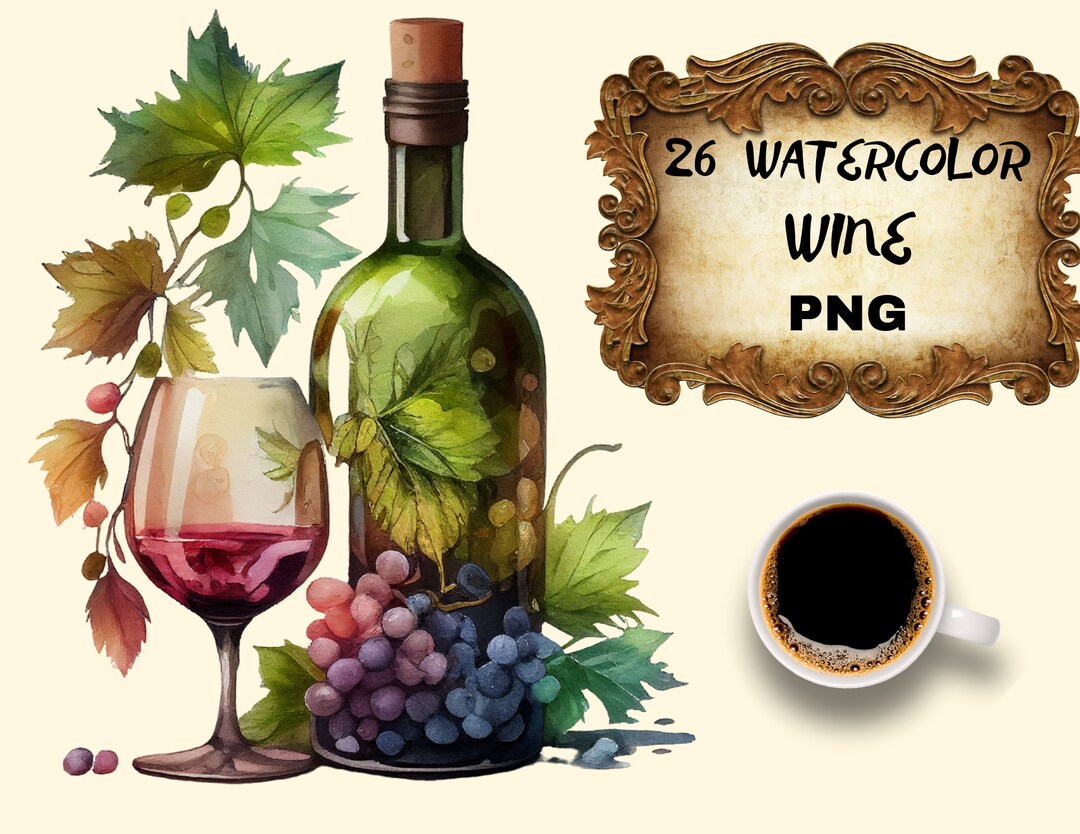 26x Watercolor Wine Clipart, Wine Png, Clipart Bundle, Junk Journal ...