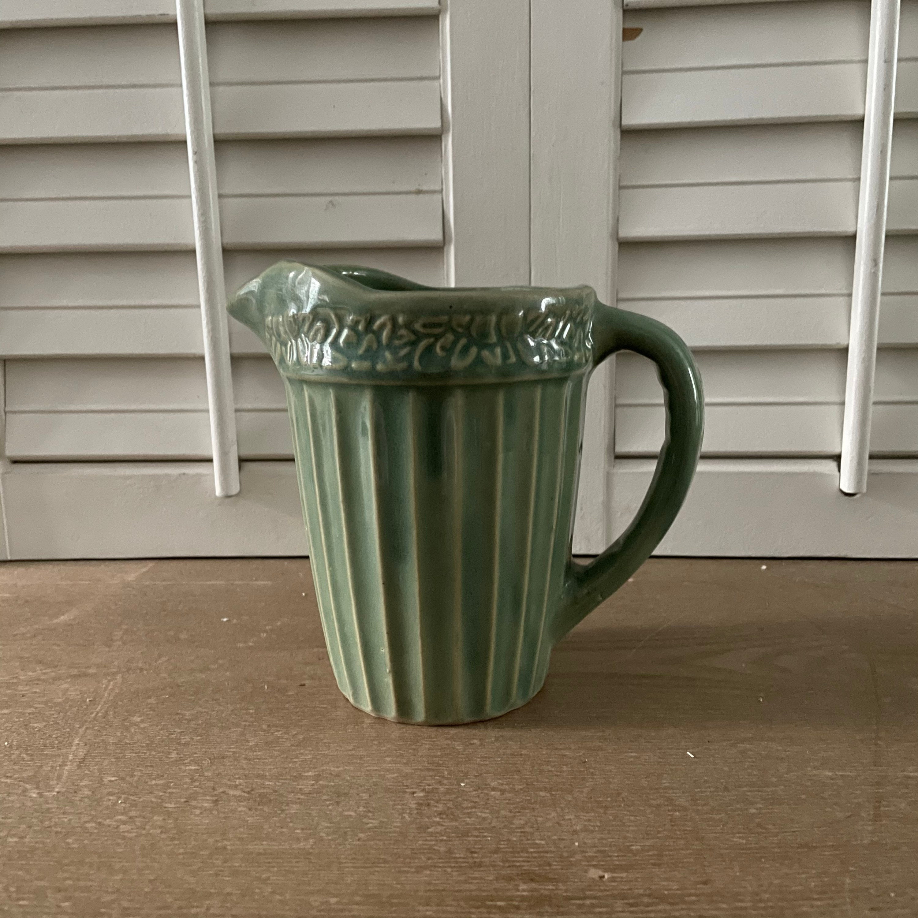 Vtg Green Water Pitcher/pottery Stoneware/ribbed/springgarden,easter ...