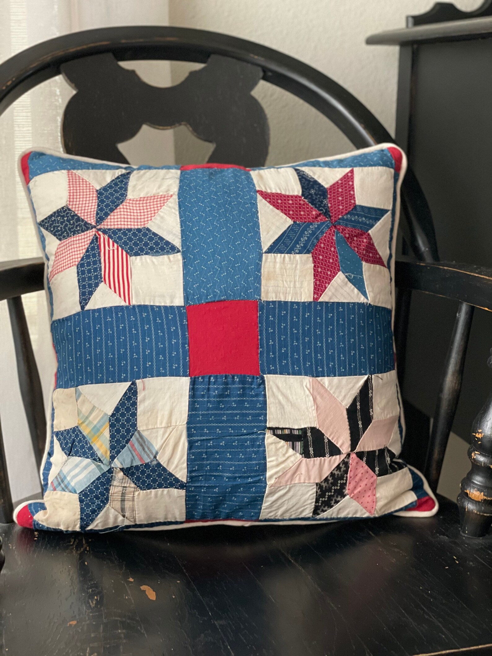 S2 Antique Handmade Lemoyne Star Block Quilt Pillows/indooroutdoor/redwhite&blue/4th July Decor ...