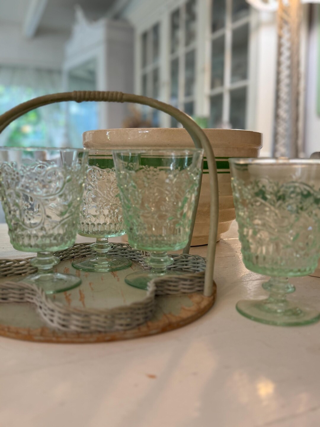 S4 Vintage Pressed Depression Pale Green Water Goblets With the Carrier ...