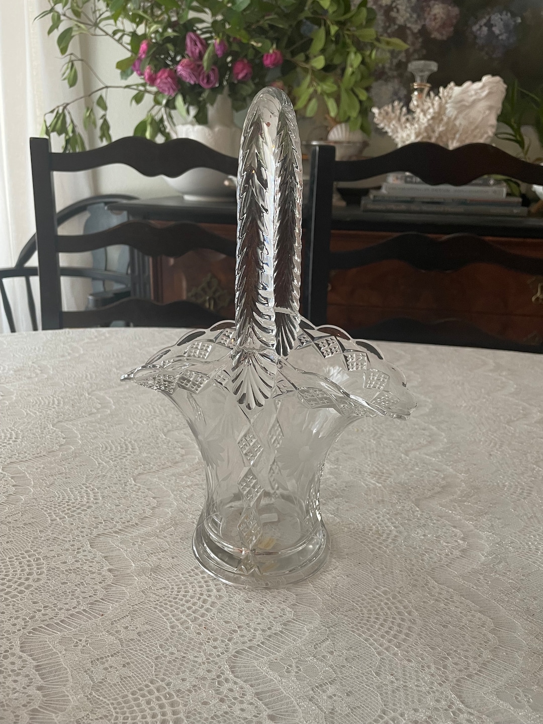 Vtg 60s PAT’D Crystal Basket Vase/etched Floralsunflowerdaisy/easter ...