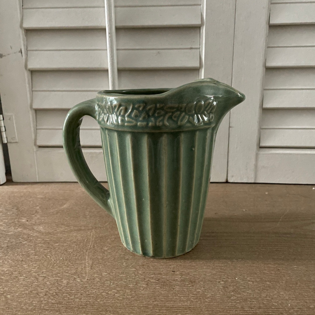 Vtg Green Water Pitcher/pottery Stoneware/ribbed/springgarden,easter ...