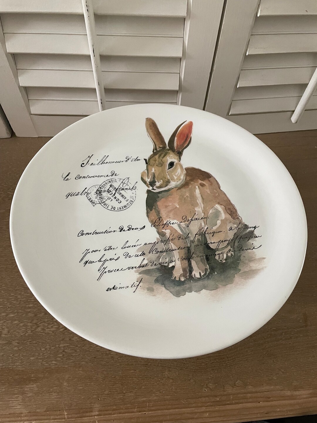 Spring White Cake Plate W Pedestal/easter Bunny W Italian Script ...